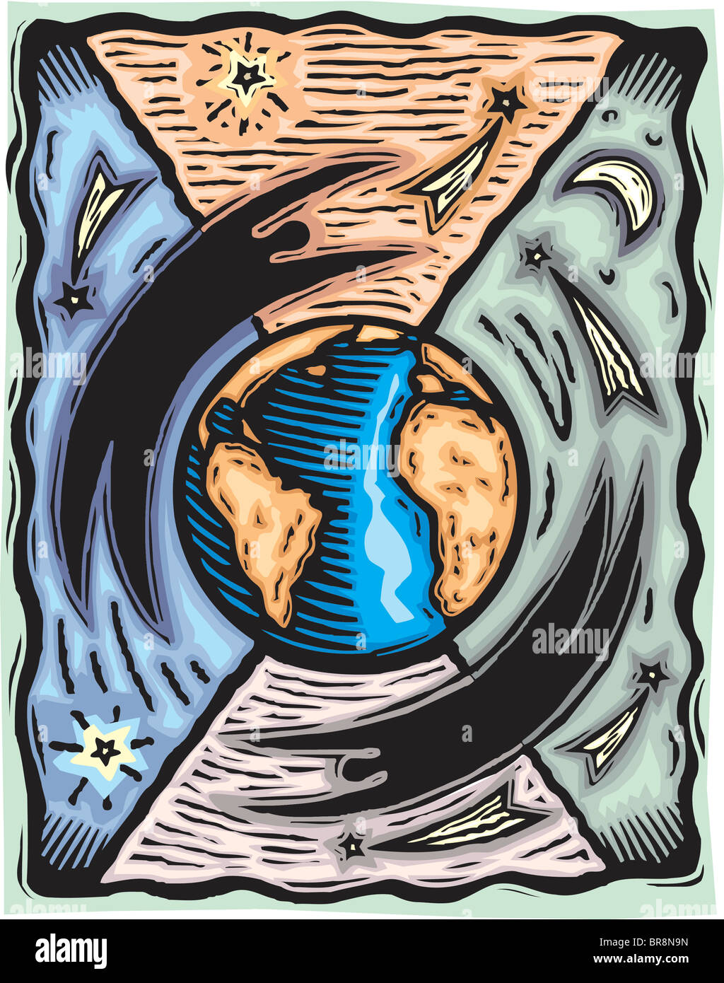 Two people flying around the globe Stock Photo - Alamy