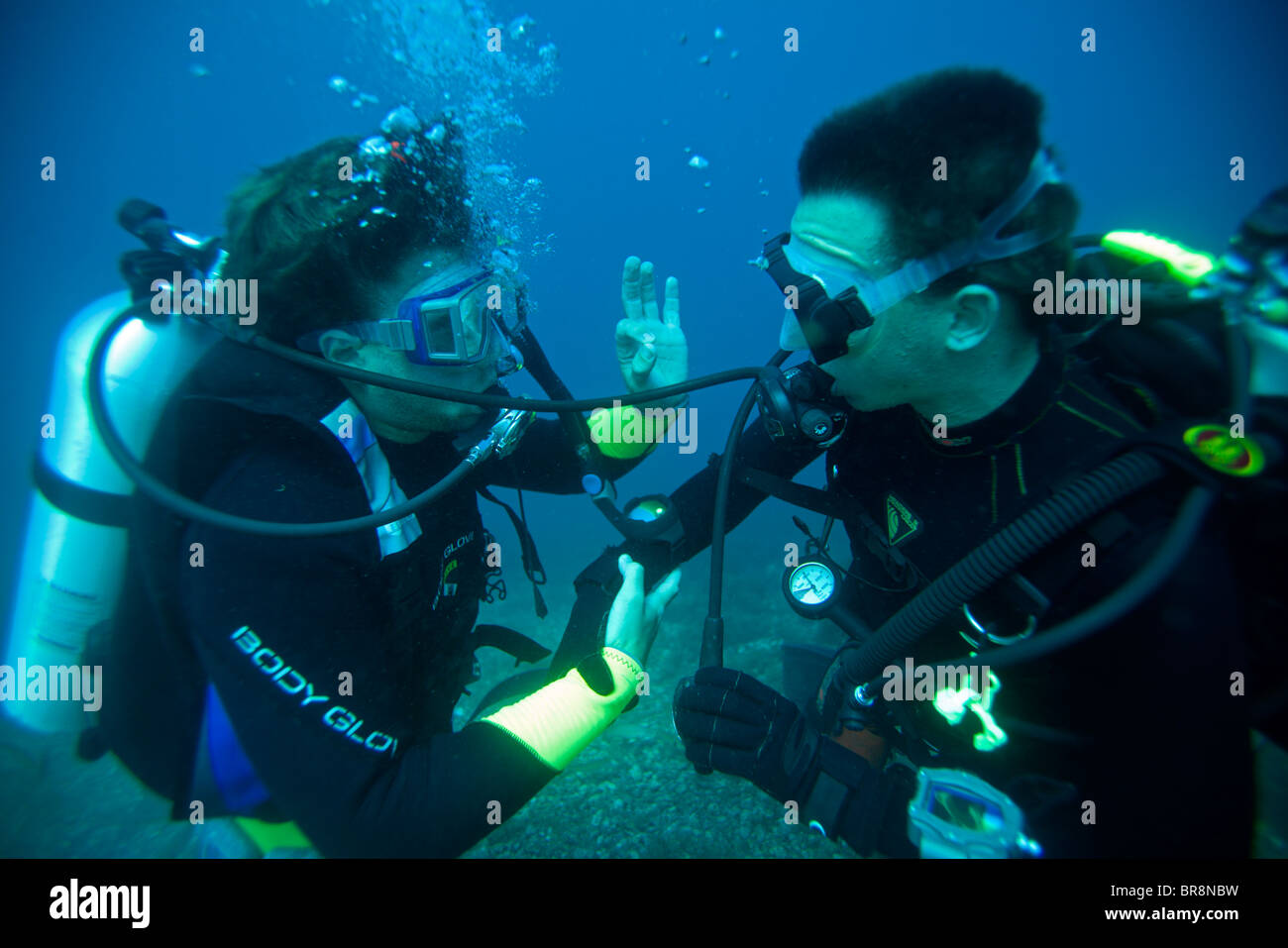 SCUBA divers giving hand signals underwater Stock Photo - Alamy
