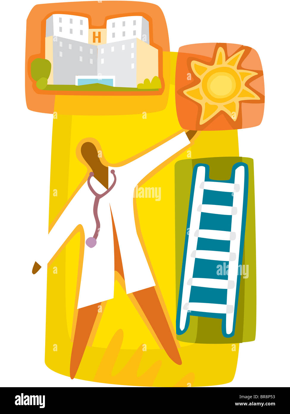 A doctor climbing up the ladder towards a bright career at a hospital ...