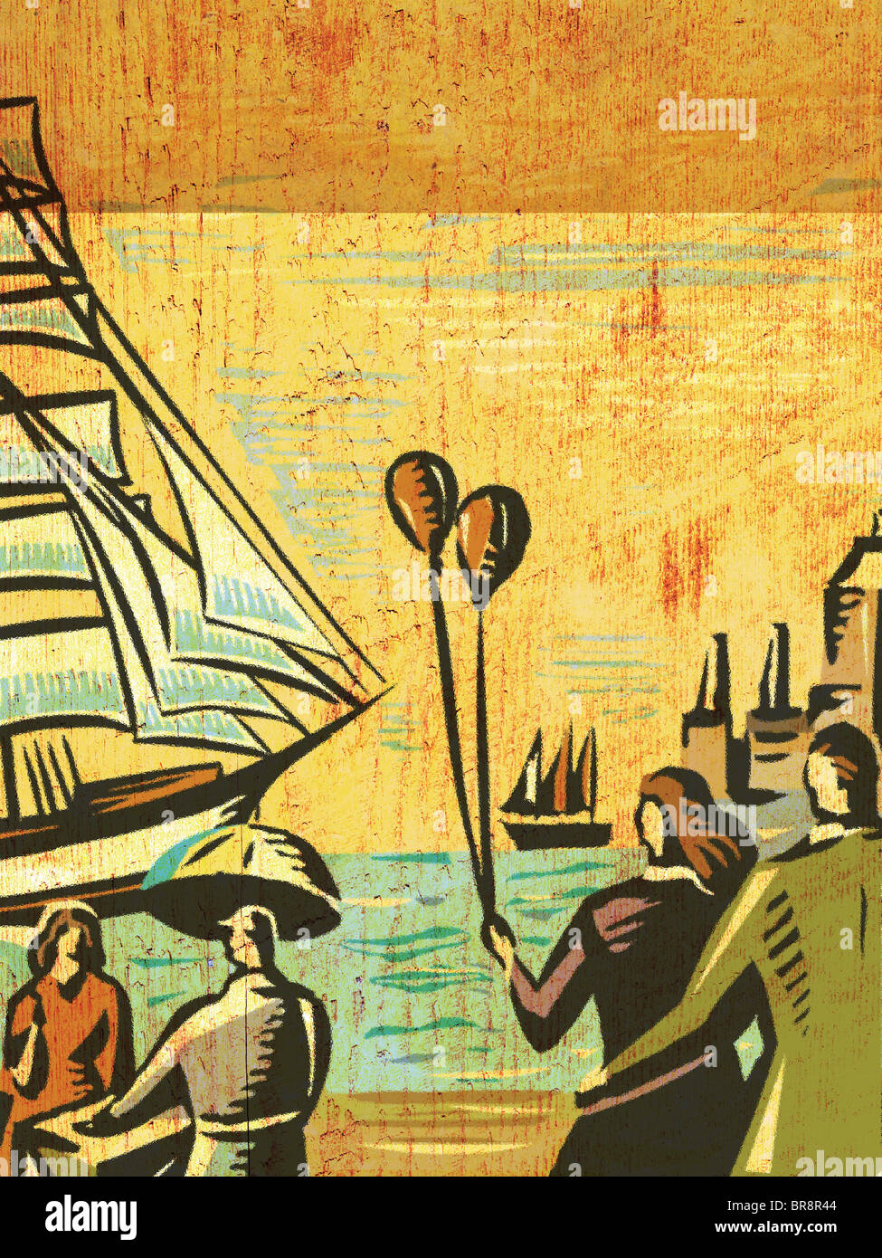 Rear view of a couple at seashore watching sailing ships Stock Photo ...