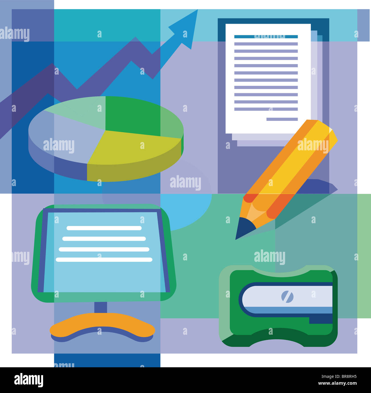 A montage of a pie chart, documents, a pencil, a pencil sharpener, and ...