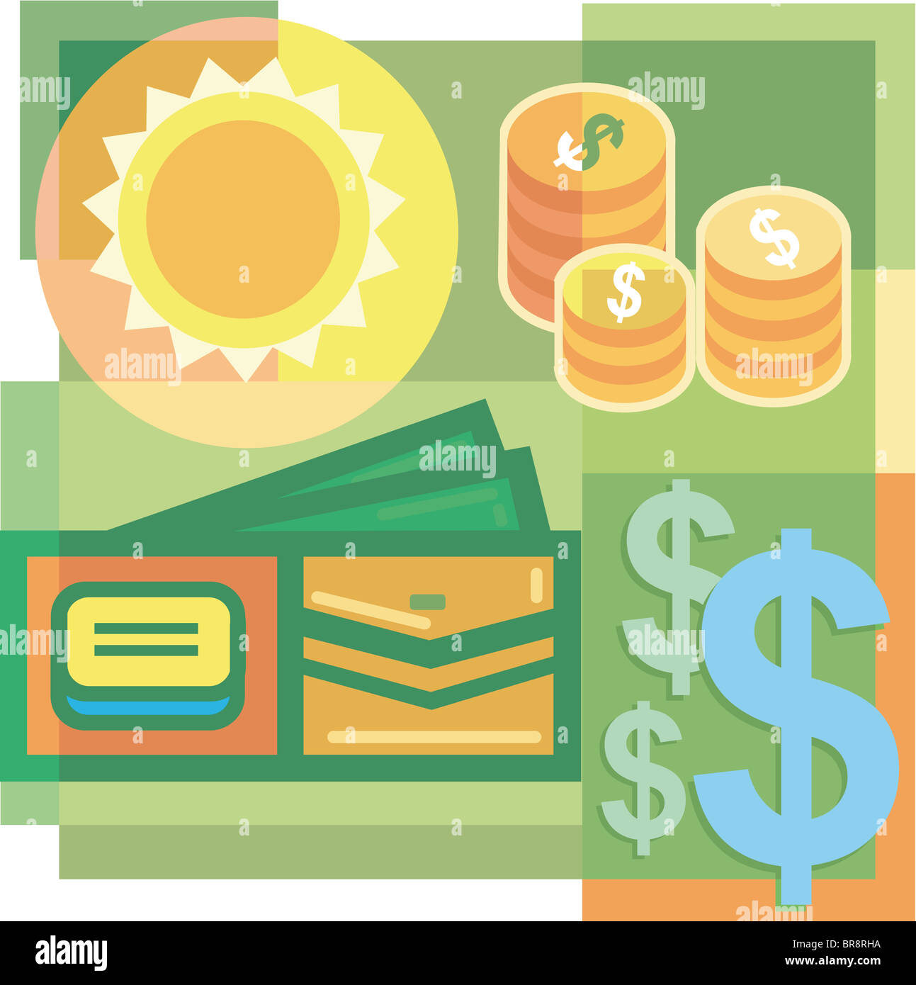 A montage of the sun, coins, a wallet, and dollar signs Stock Photo - Alamy
