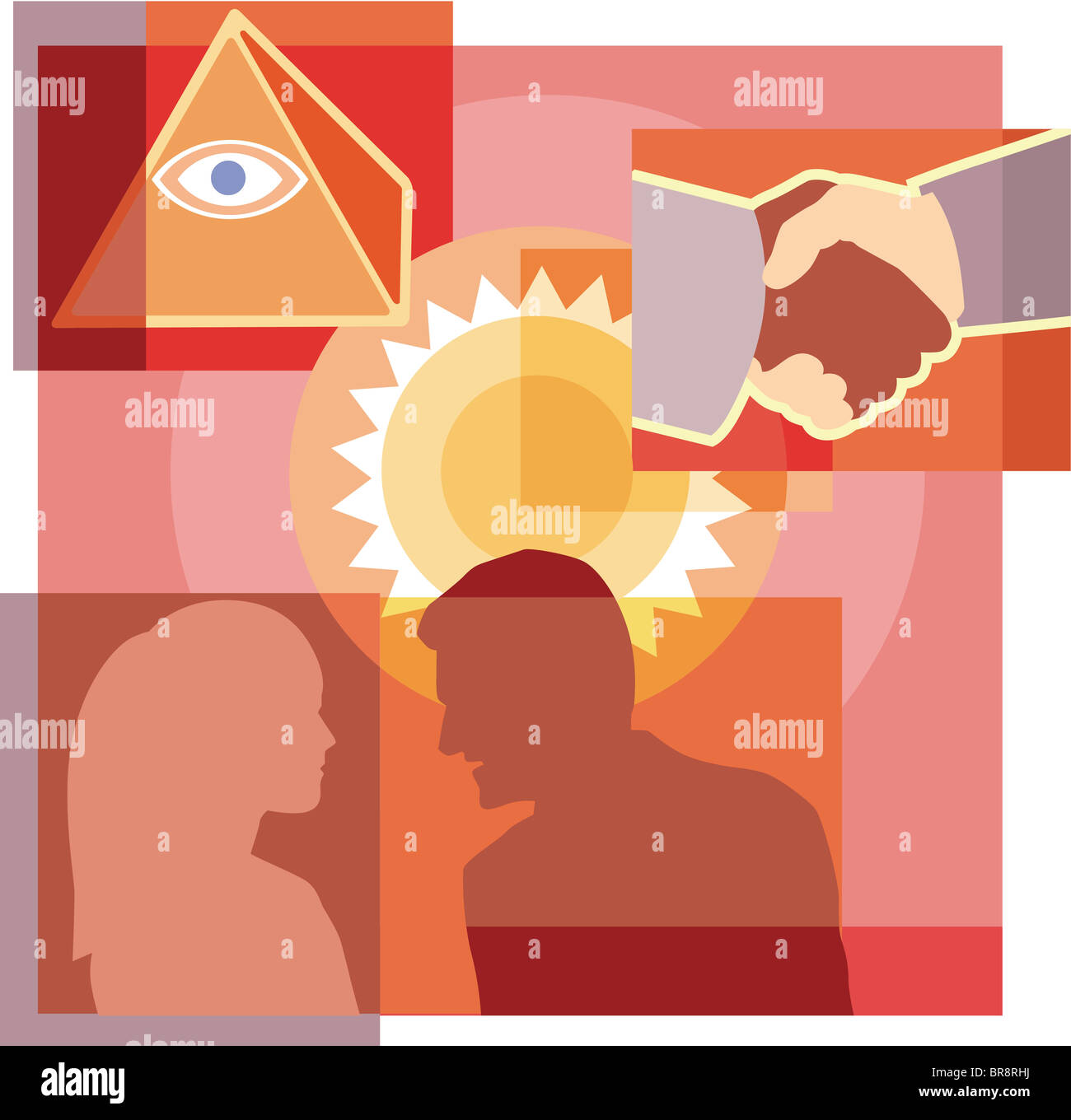 A montage of the sun, a man and woman talking, a handshake, and eye on ...