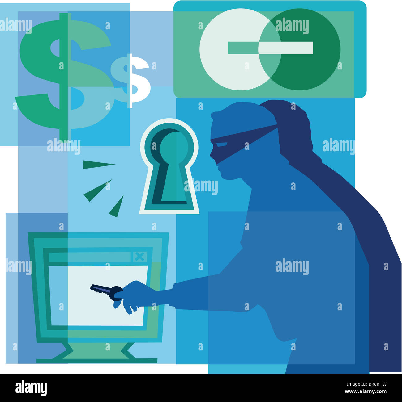 A montage of a credit card, dollar signs, a keyhole, a thief with a key ...