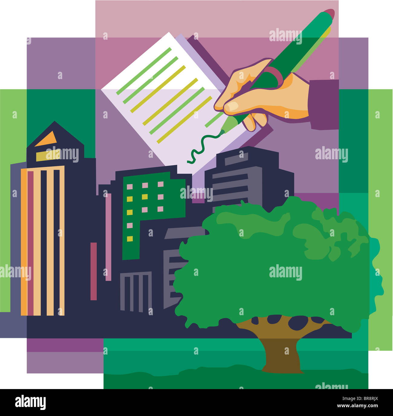 A montage of a tree, high-rise buildings, and a hand signing documents ...