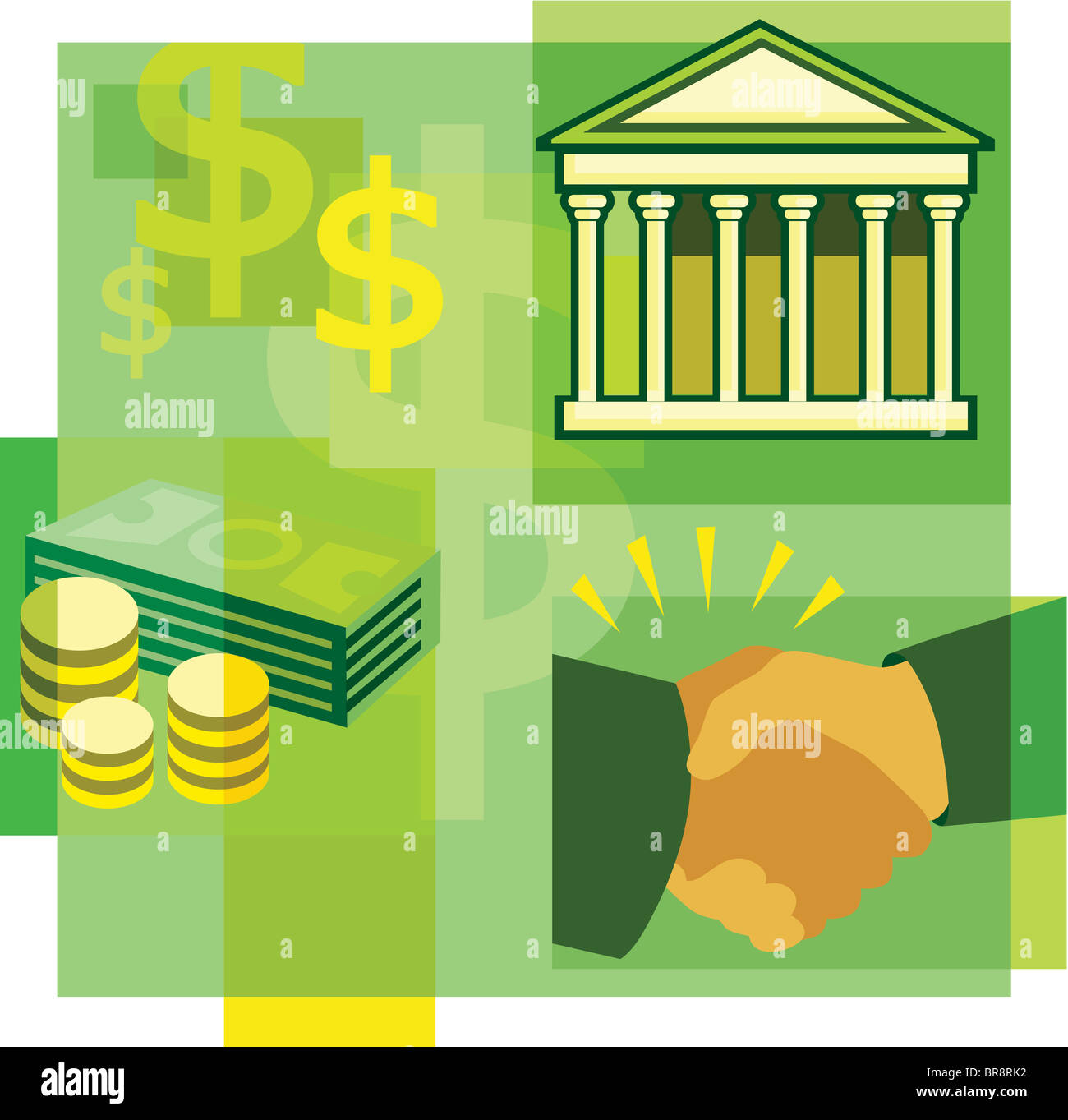 A montage of money, bank, and handshake Stock Photo - Alamy