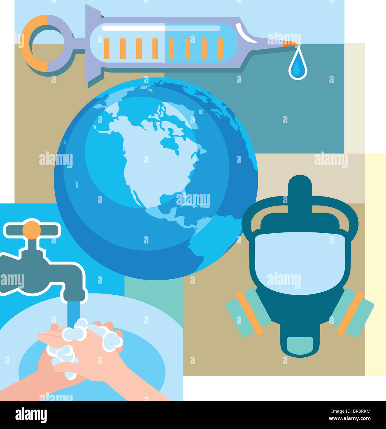 Collage of a syringe, the world, washing hands, and a gas mask Stock ...