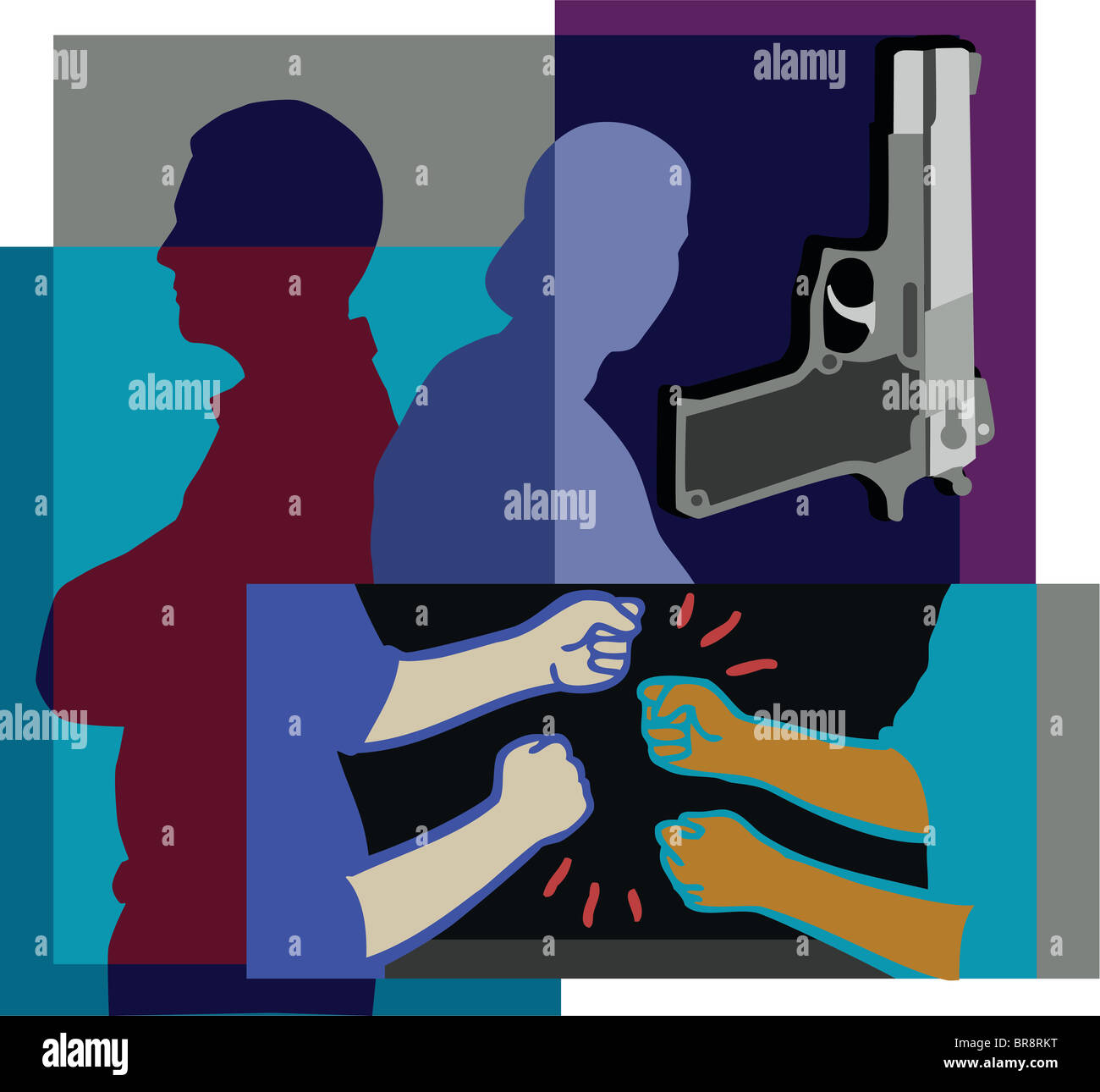 Collage of two men standing back to back, a gun, and two peoples fists ...