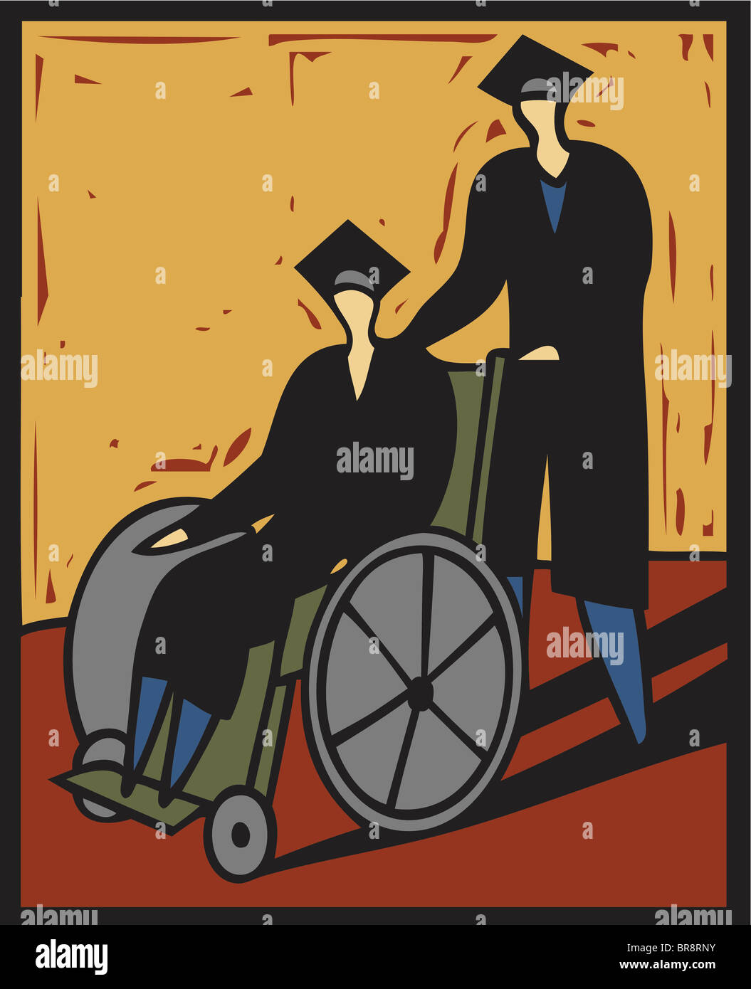 Illustration of one student pushing another in a wheelchair, both in ...