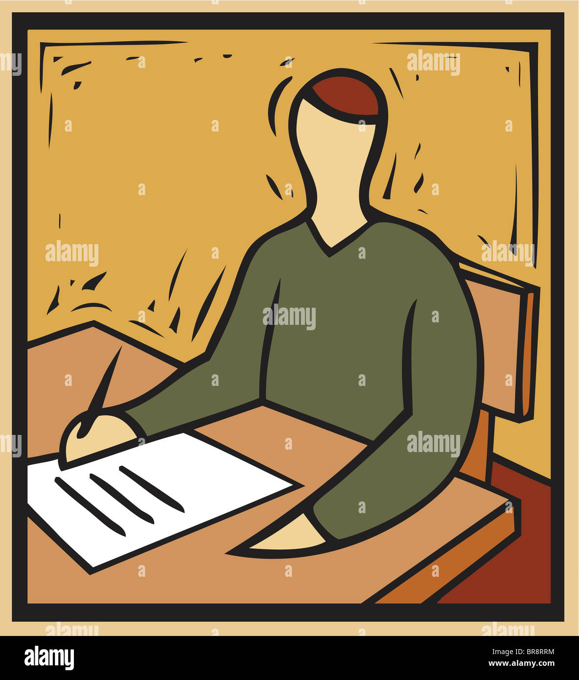 Illustration of a person writing at a desk Stock Photo - Alamy