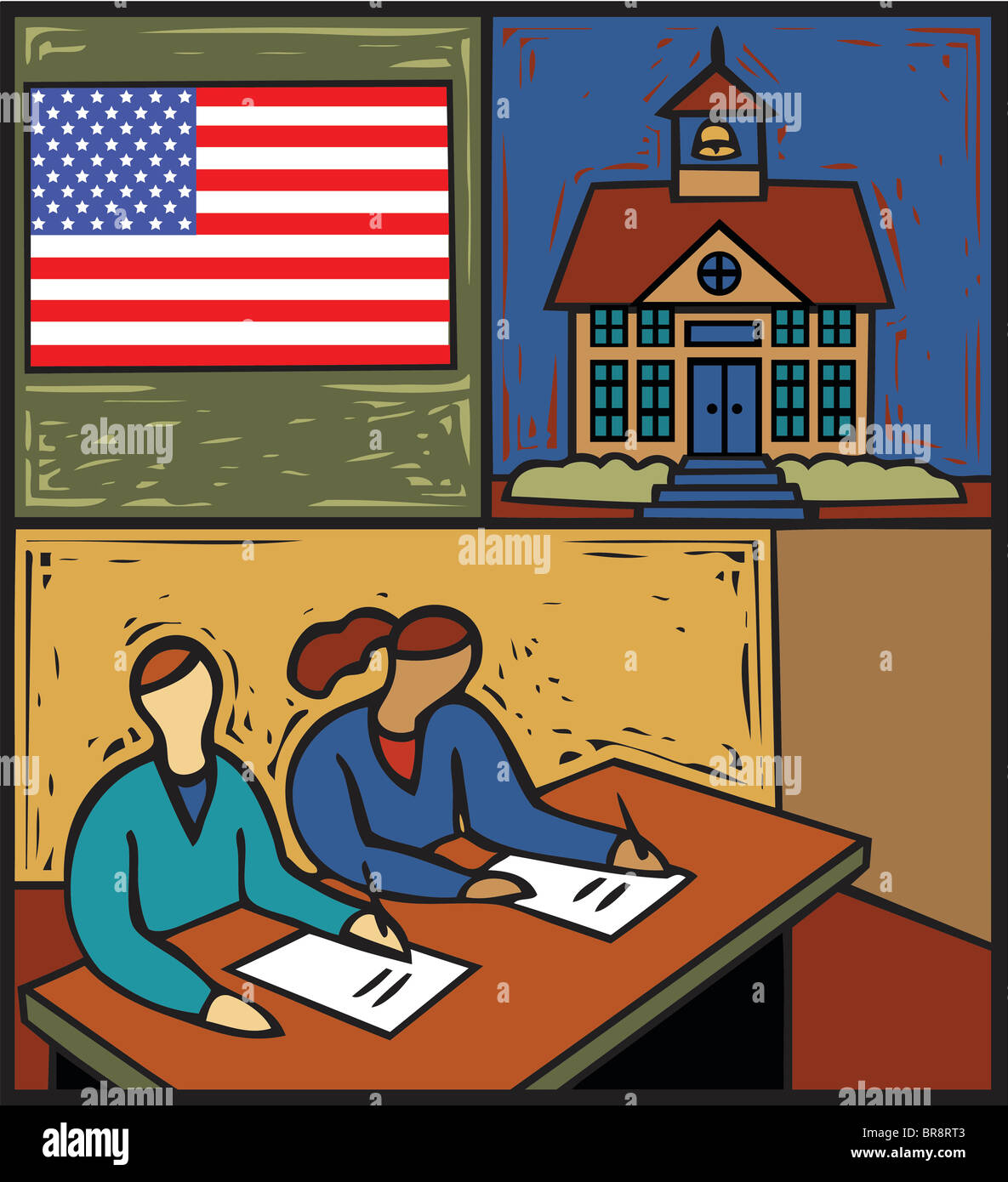 Montage of the US Flag, a school and students writing at desks Stock ...