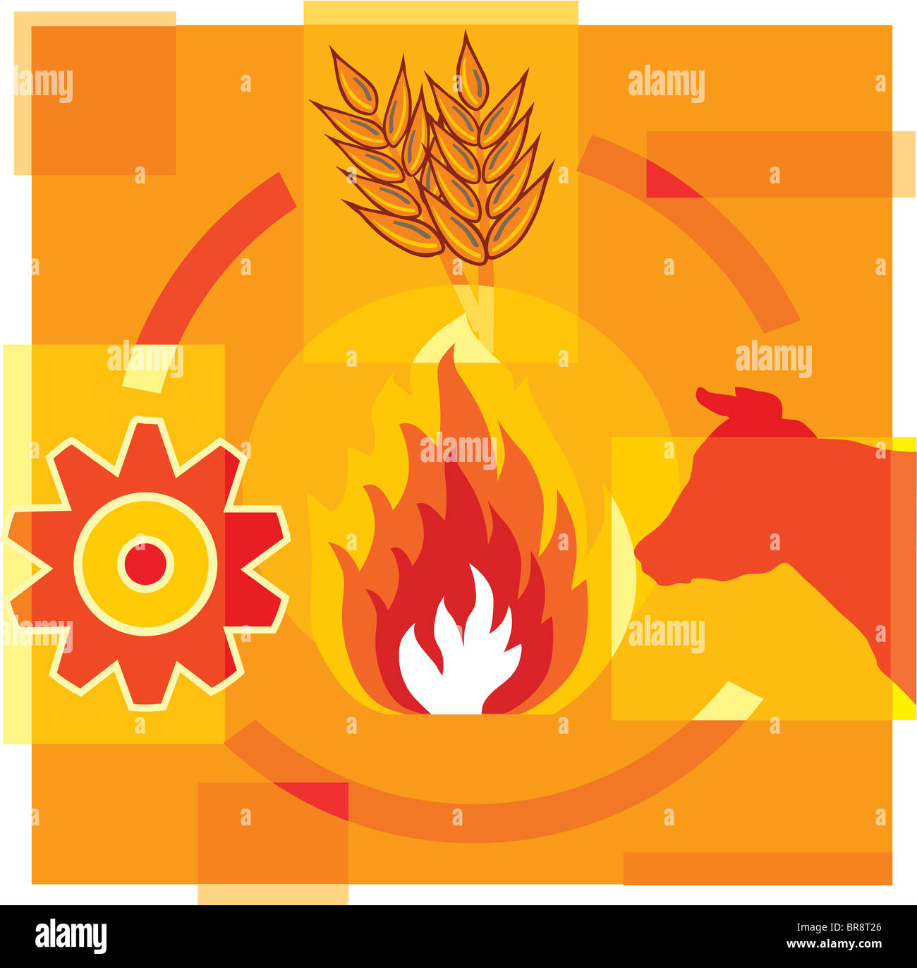 Montage illustration about methane reduction containing a cow, flames ...