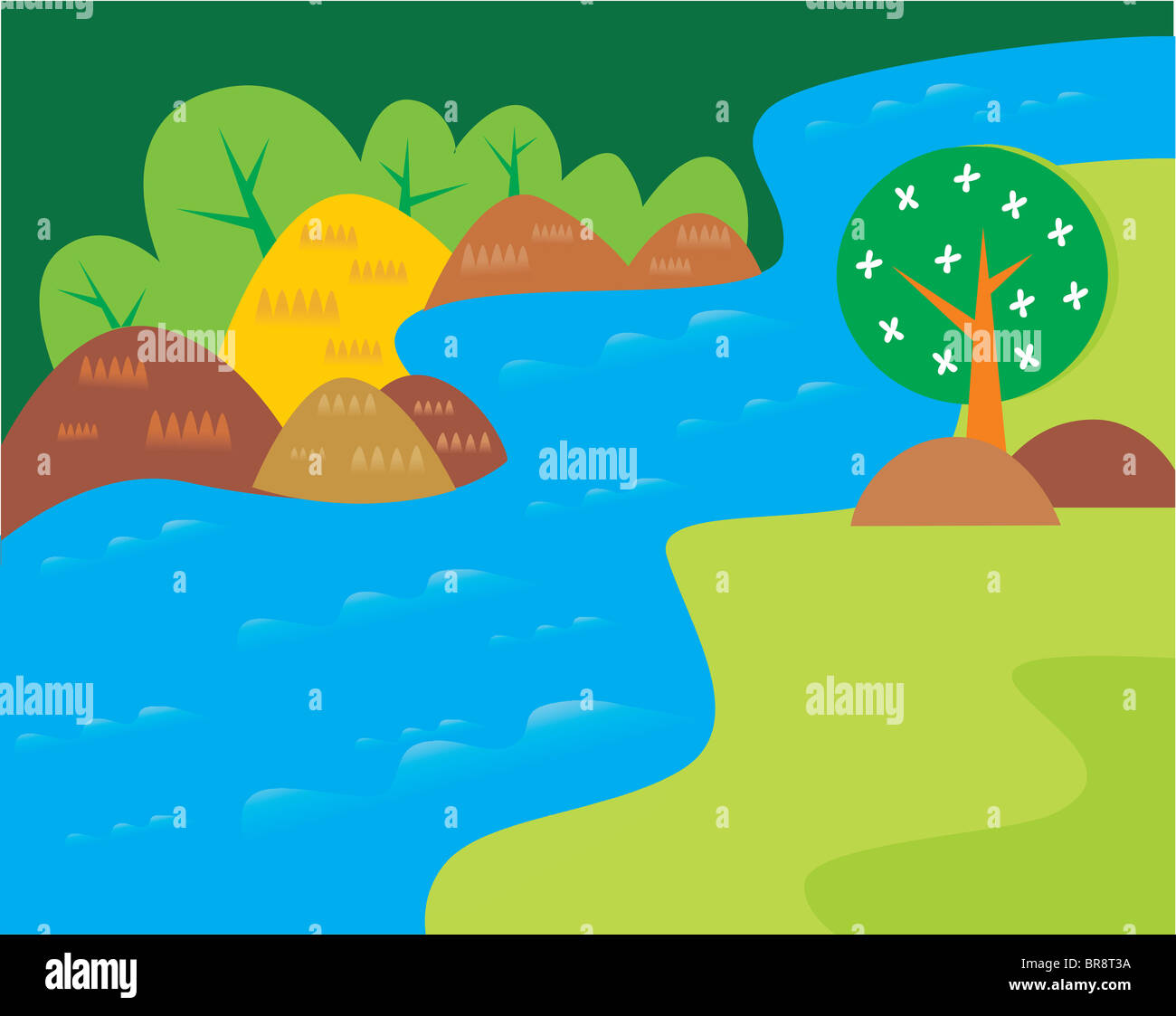 A nature scene with trees and a river flowing downstream Stock Photo ...