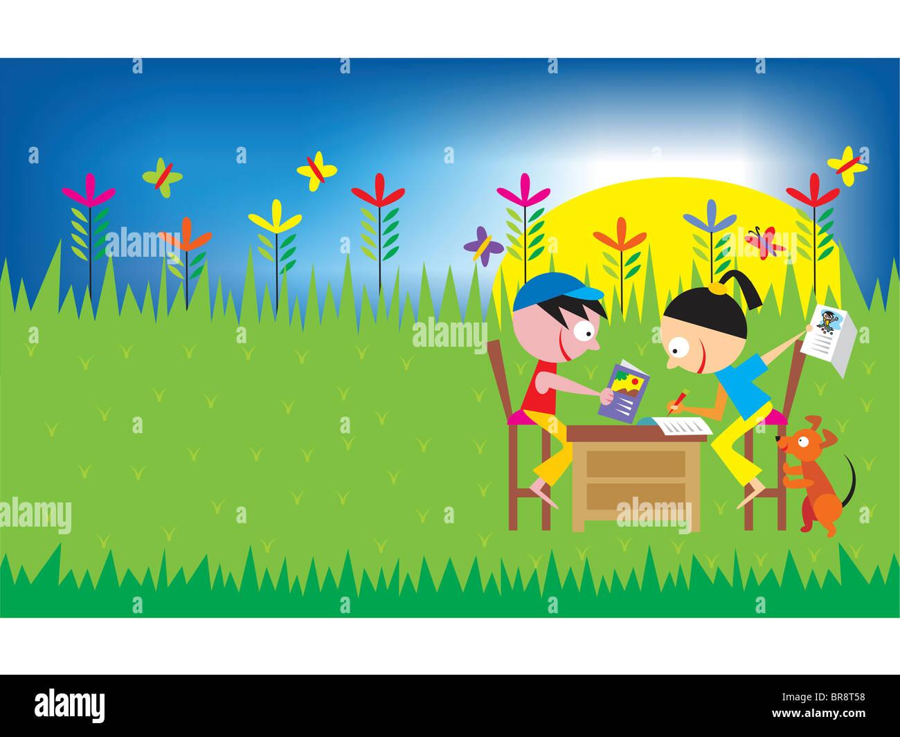 Side view of a boy and girl doing homework on a desk in the garden ...