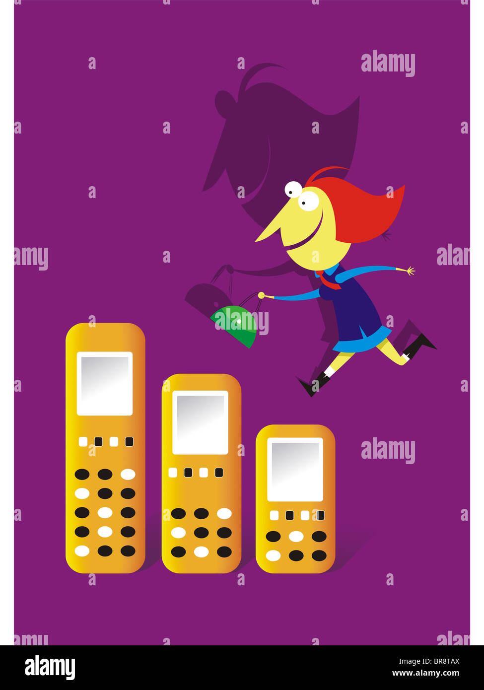 A woman jumping from one cell phone to another Stock Photo - Alamy