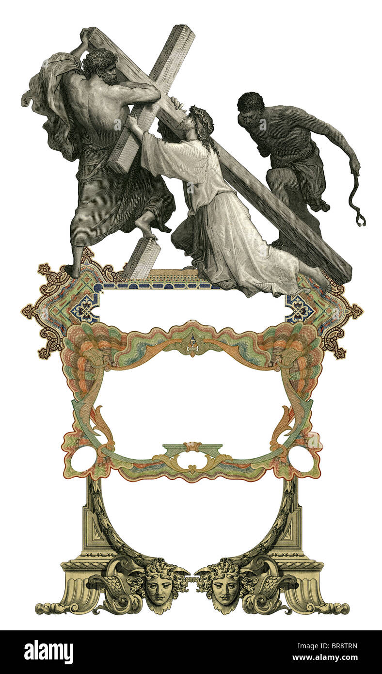 Victorian frame with Jesus Christ enfeebled by the weight of the cross ...