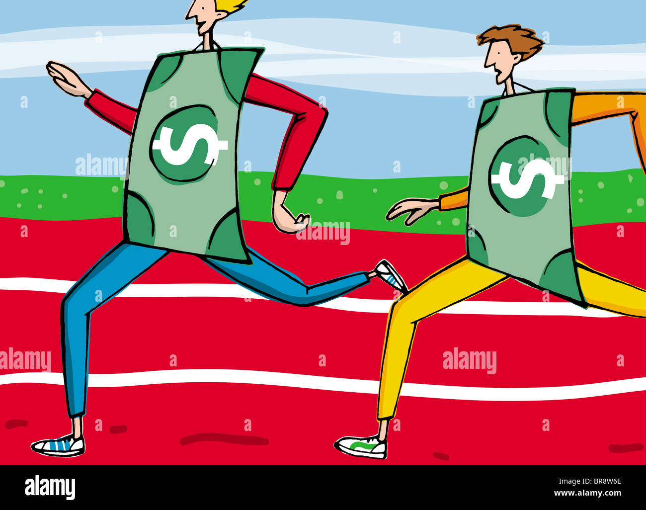 Two men wearing bank notes running a race Stock Photo - Alamy