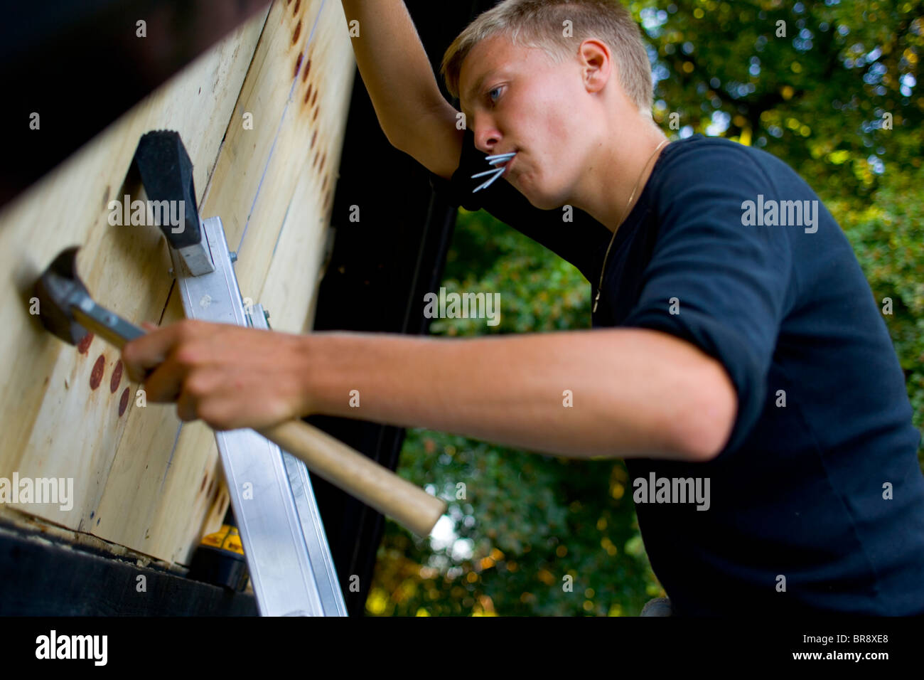 A teenager training to become a carpenter uses tools in Denmark Stock ...