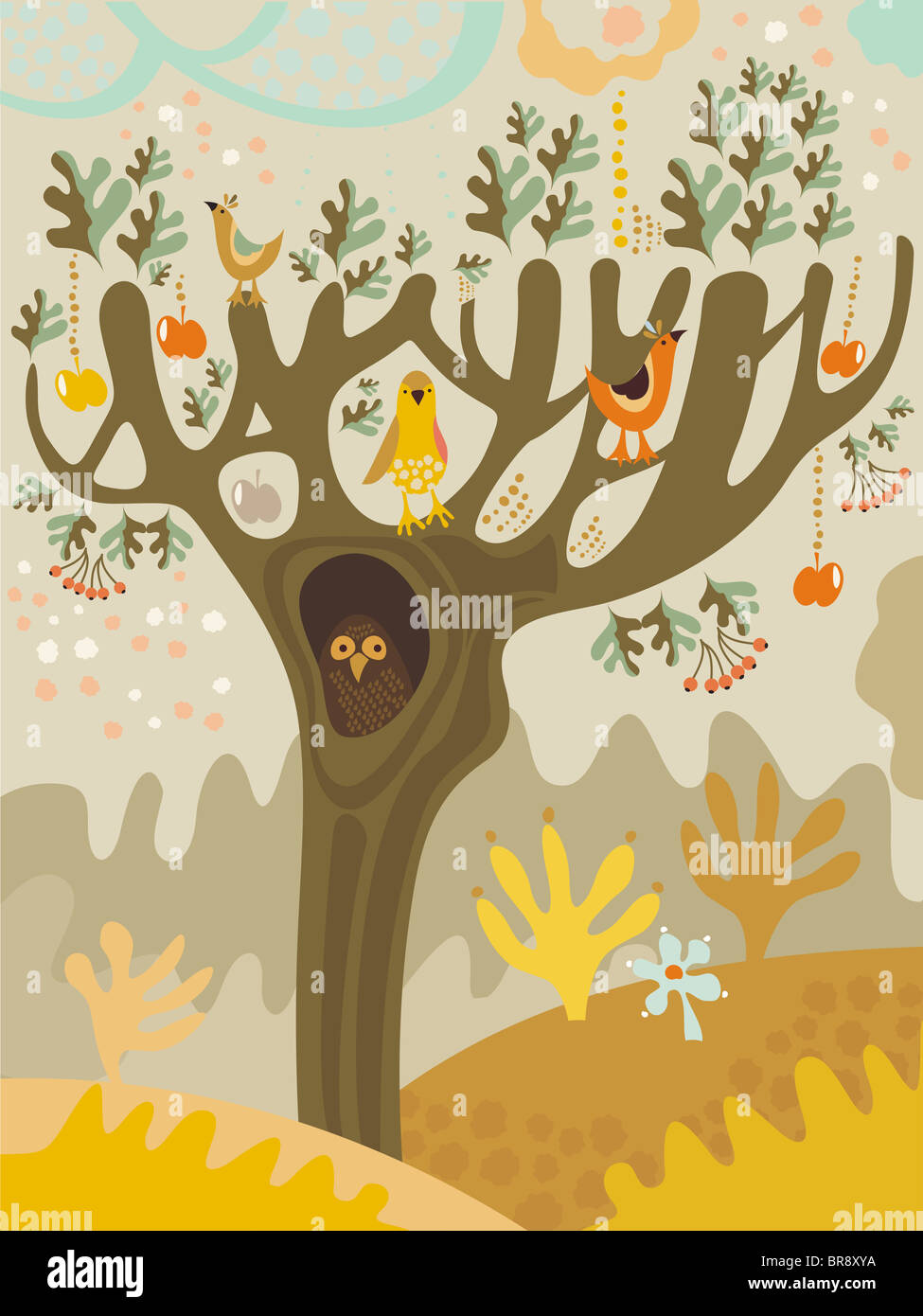 Birds sitting in an apple tree Stock Photo - Alamy