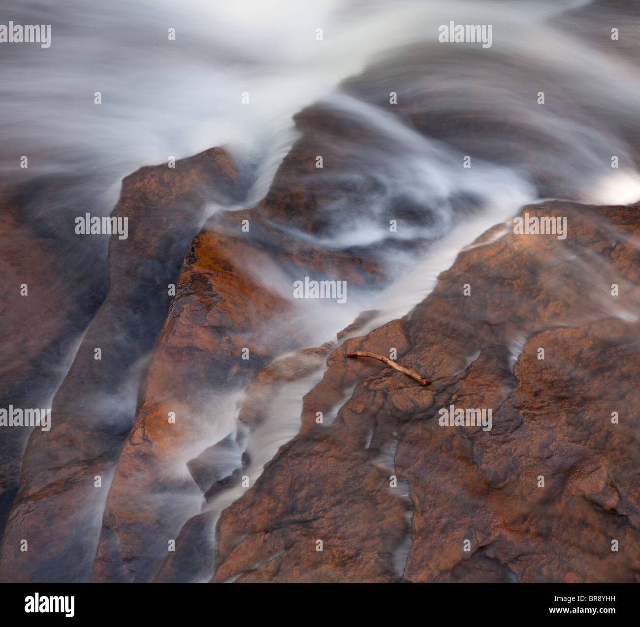 Fallen branch in fall in river by edge of waterfall Stock Photo - Alamy