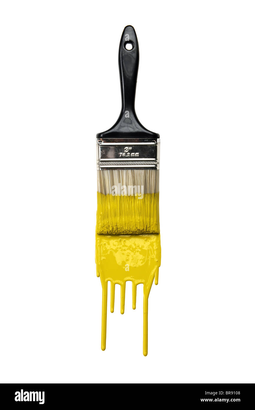Paintbrush with dripping yellow paint isolated over white background ...