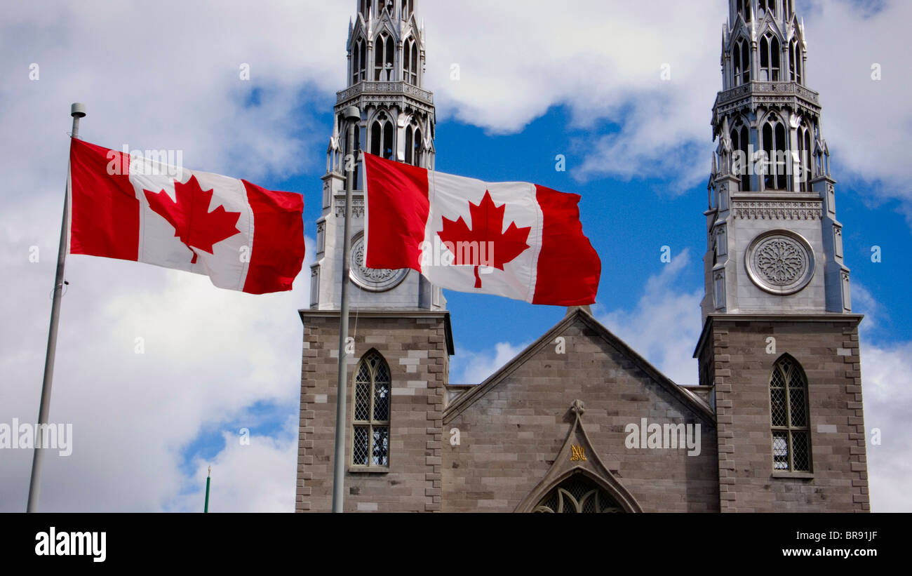 Canadian flags and church Stock Photo - Alamy