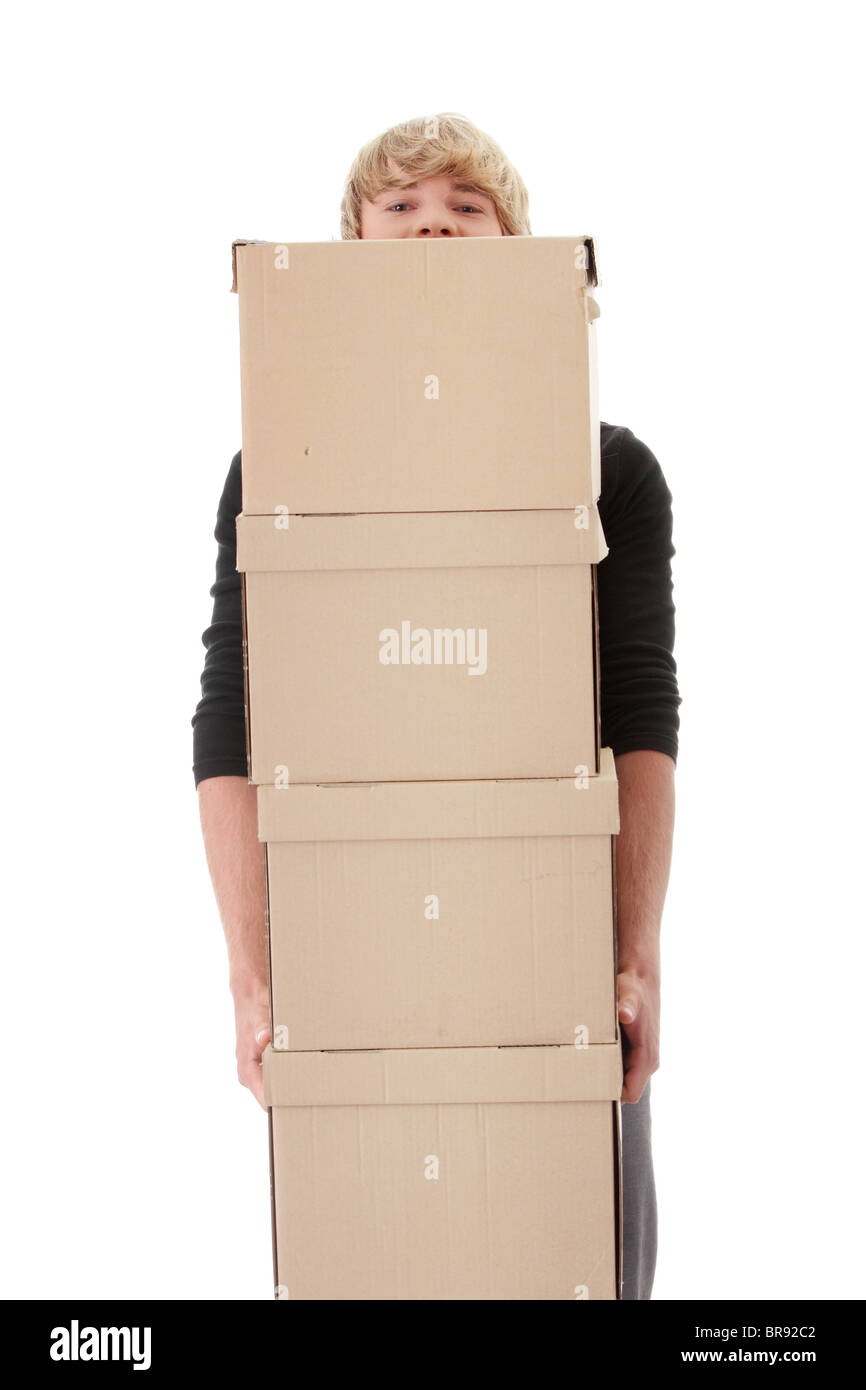 Man with stacked Boxes,isolated on white Stock Photo - Alamy