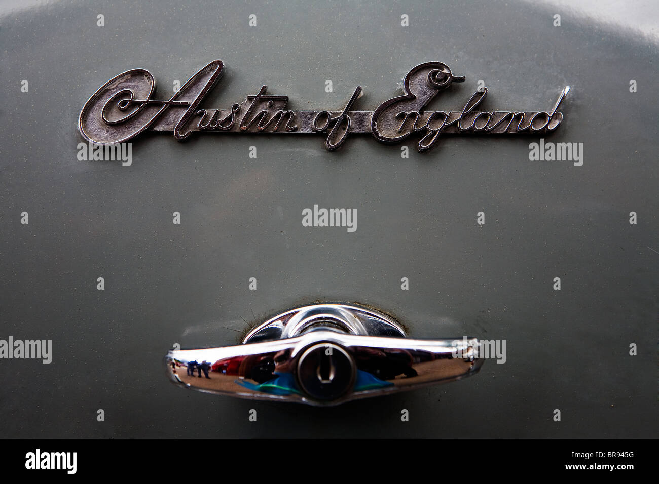 Handle to the boot of an Austin A35 saloon car with the logo attached ...