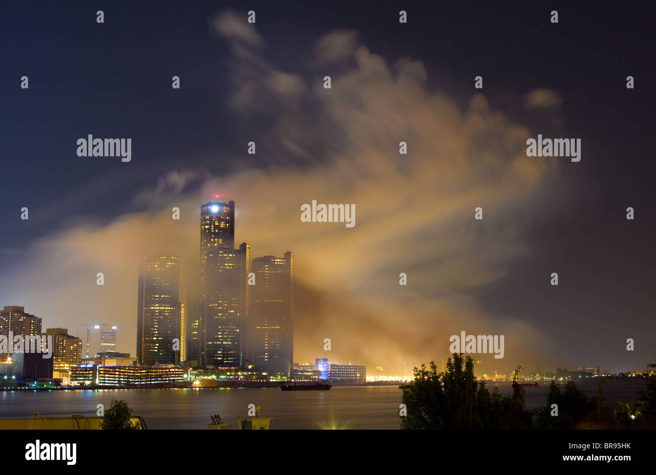 Detroit, MI, USA, downtown covered in smoke after the fireworks show on ...