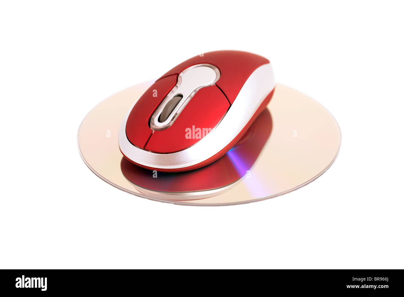 red computer mouse with laser disc isolated on white background Stock ...