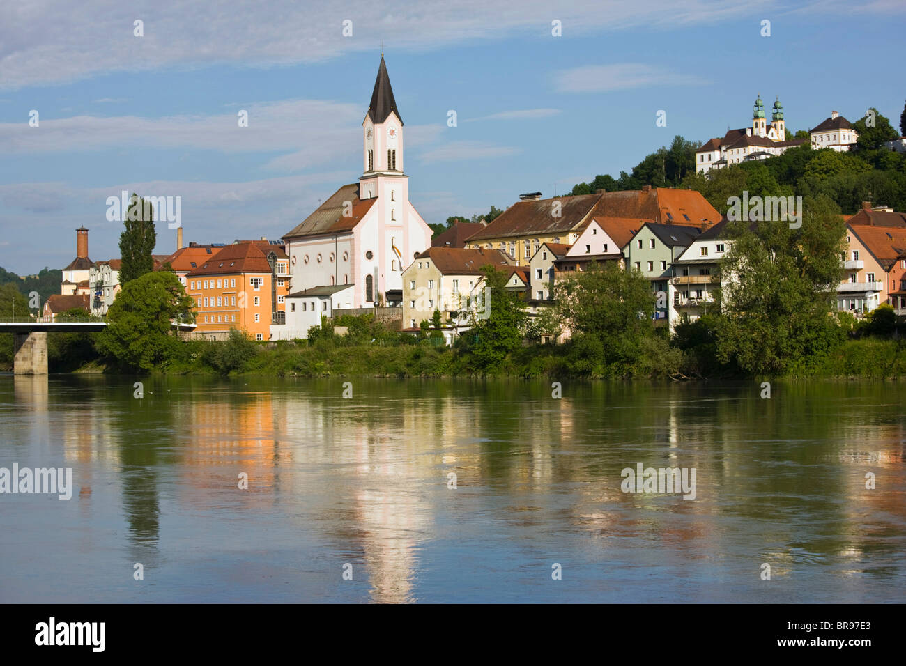 Germany, Bayern-Bavaria, Passau. Inn River and St. Gertraud church ...