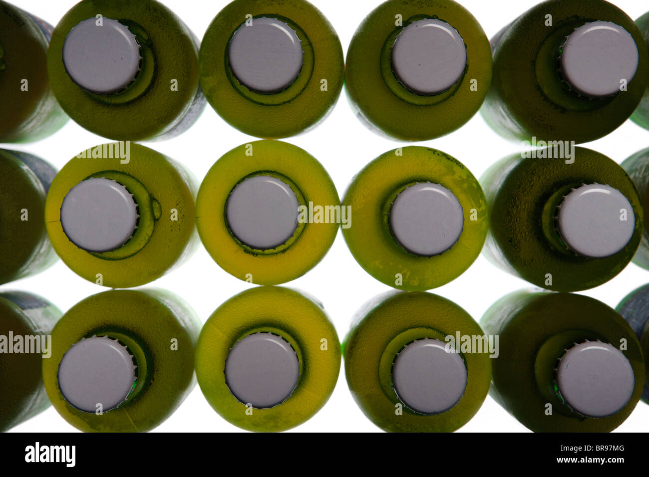 looking down at beer bottle from above on a white background Stock ...