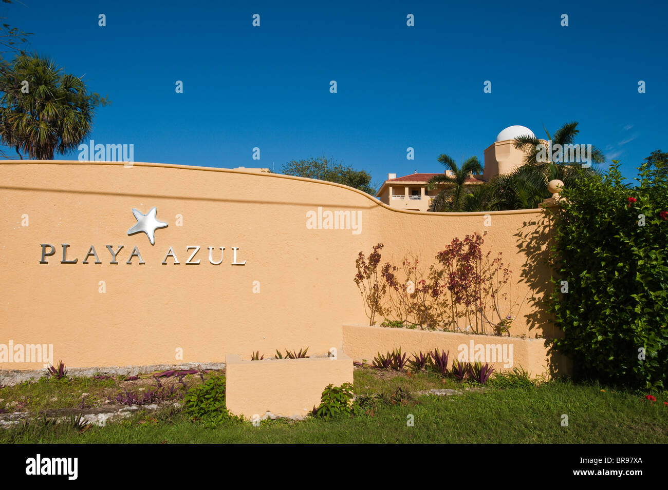 Mexico, Cozumel. Entrance sign at Playa Azul Hotel, San Miguel, Isla ...