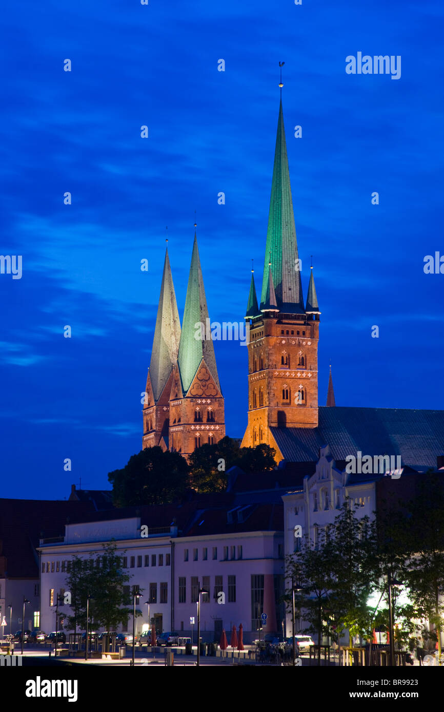 Germany, Schleswig-Holstein, Lubeck. Petrikirche and Marienkirche ...