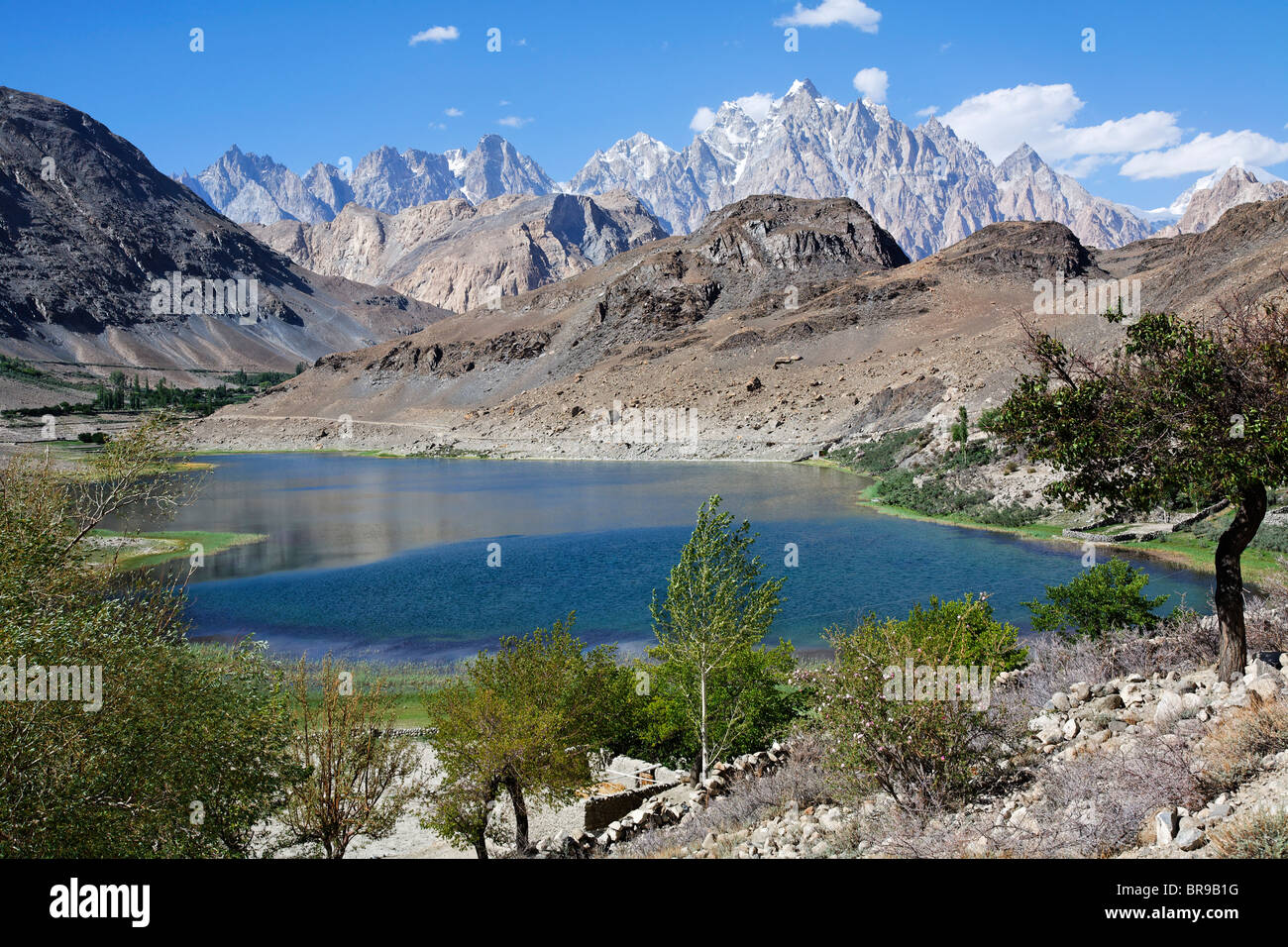 Borith Lake and mountains, Passu, Hunza Valley, Karakorum, Pakistan ...