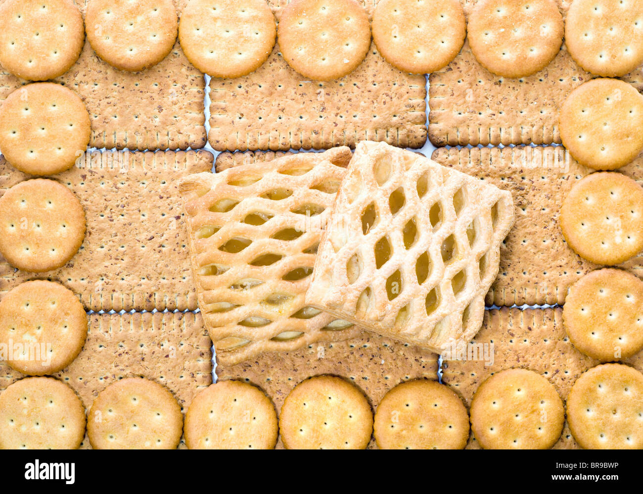 wheat biscuits and split cookies on top (food composition, background ...