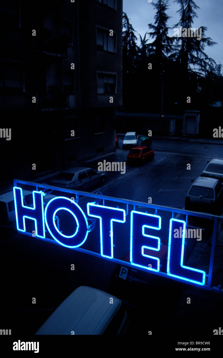 BLUE NEON HOTEL SIGN Stock Photo - Alamy