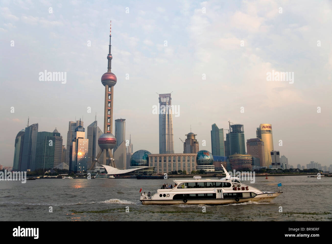 Shanghai skyline and a boat Stock Photo - Alamy
