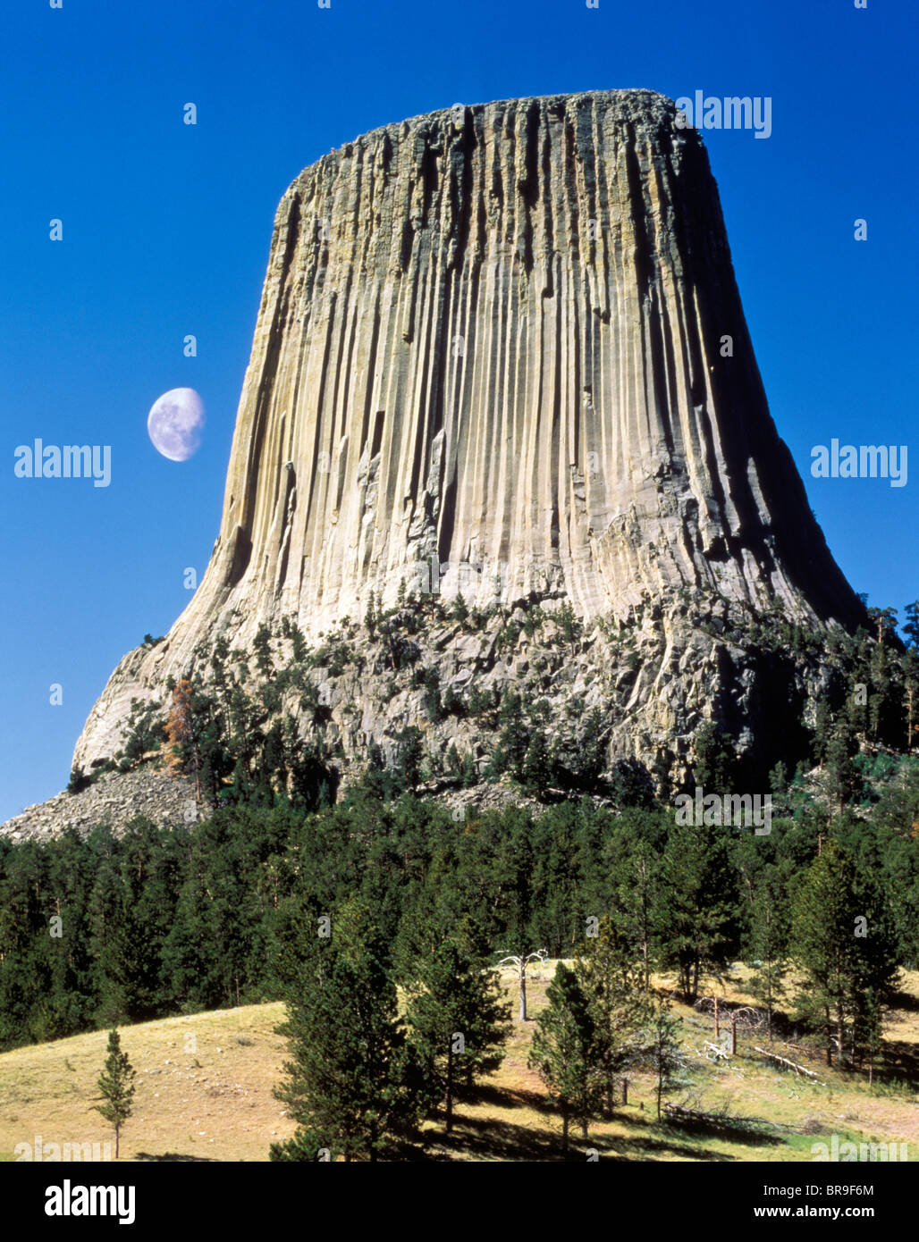 1990s DEVILS TOWER NATIONAL MONUMENT AND DAYTIME MOON WYOMING USA Stock ...
