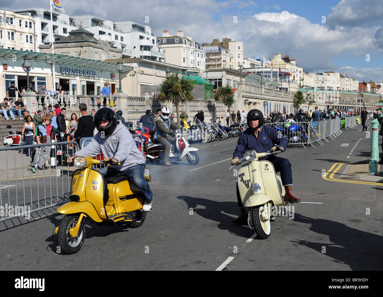 Scooter riders Mods at the Ace Cafe Reunion in Brighton seafront Sussex ...