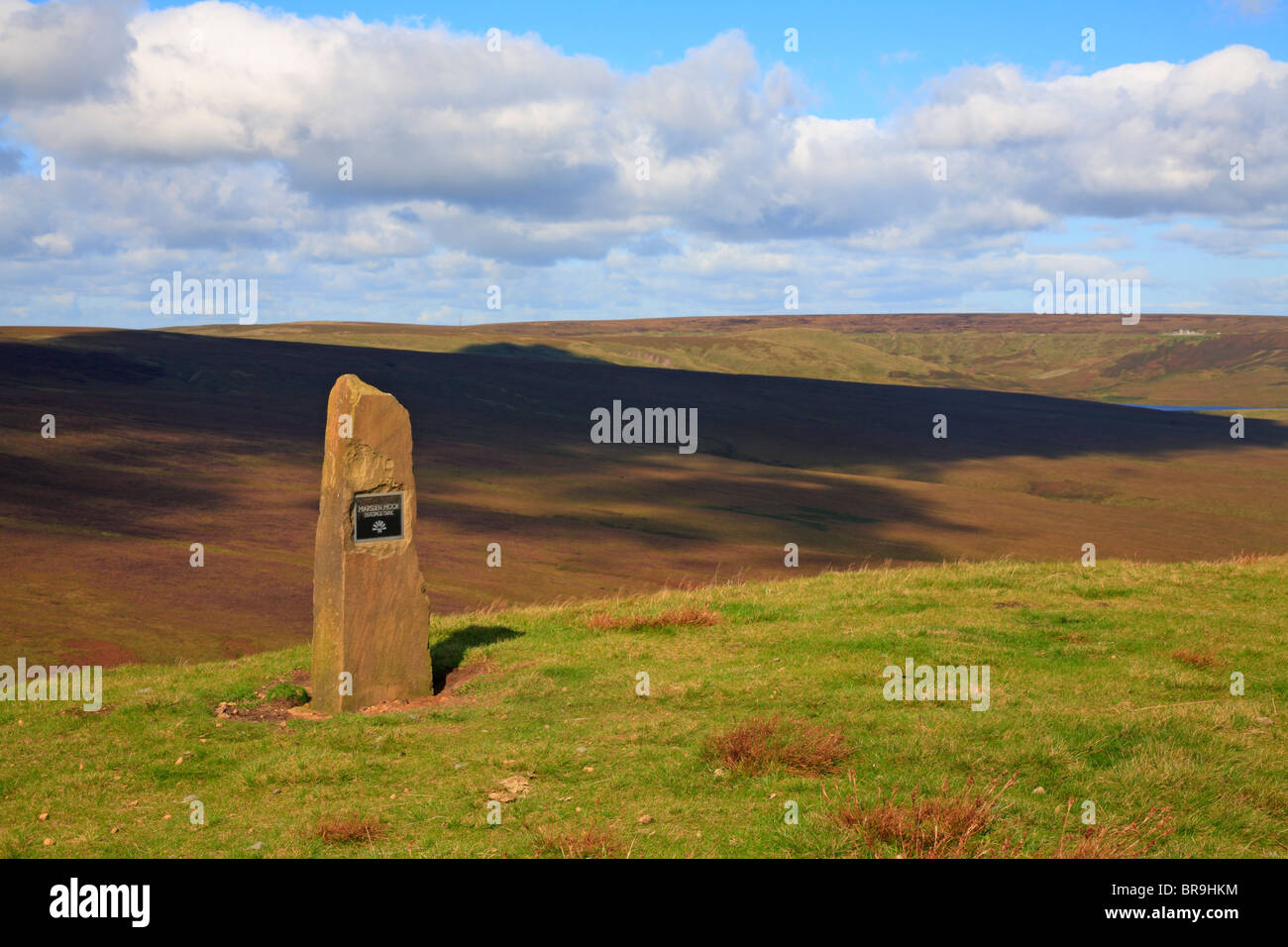Marsden Moor Heritage Trail stone marker on the summit of Pule Hill ...