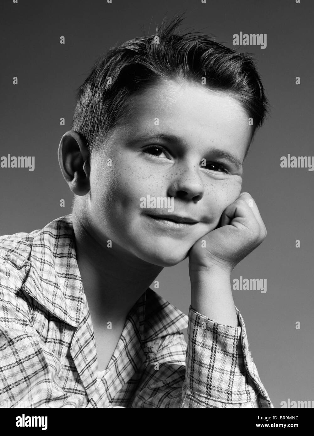 1950s CHILD PORTRAIT BOY WITH FRECKLES POSED RESTING HEAD CHEEK ON HAND ...