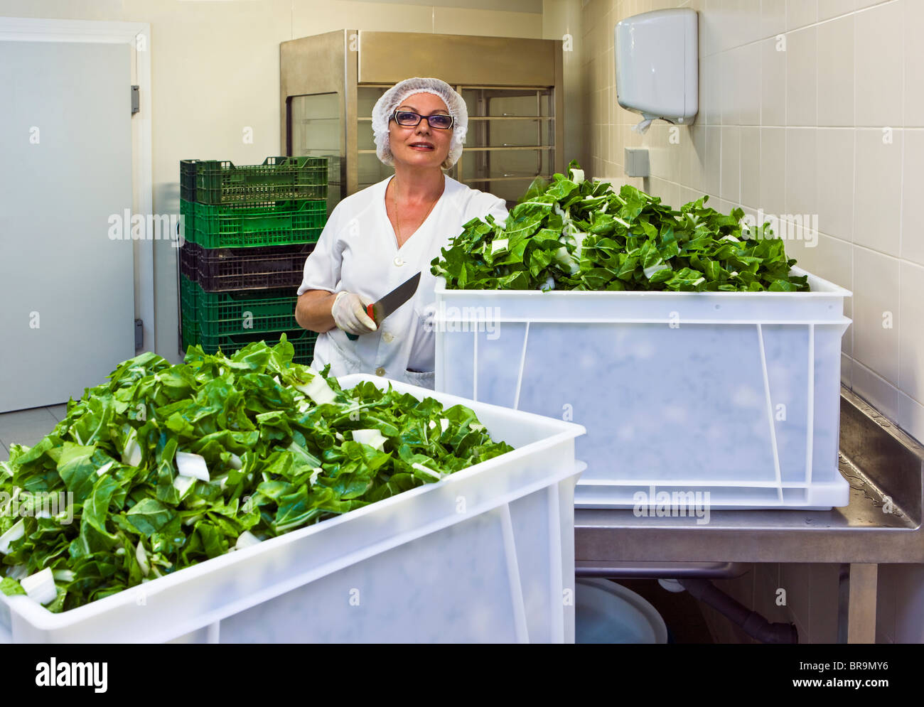 Female chef stands with kitchen knife in hospital kitchen Stock Photo ...