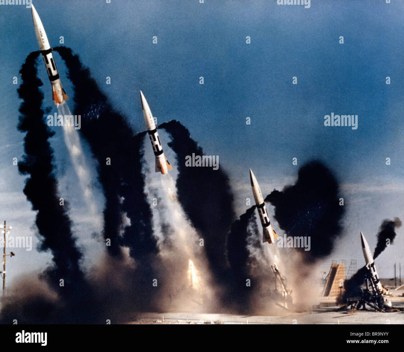 1960s FIRST LANCE ROCKETS FIRING FROM LIGHTWEIGHT LAUNCHER Stock Photo ...