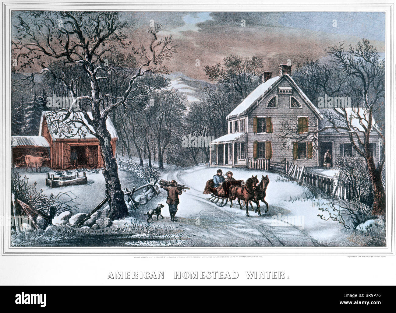 1800s LITHOGRAPH OF AMERICAN HOMESTEAD WINTER CURRIER & IVES 1868 Stock ...
