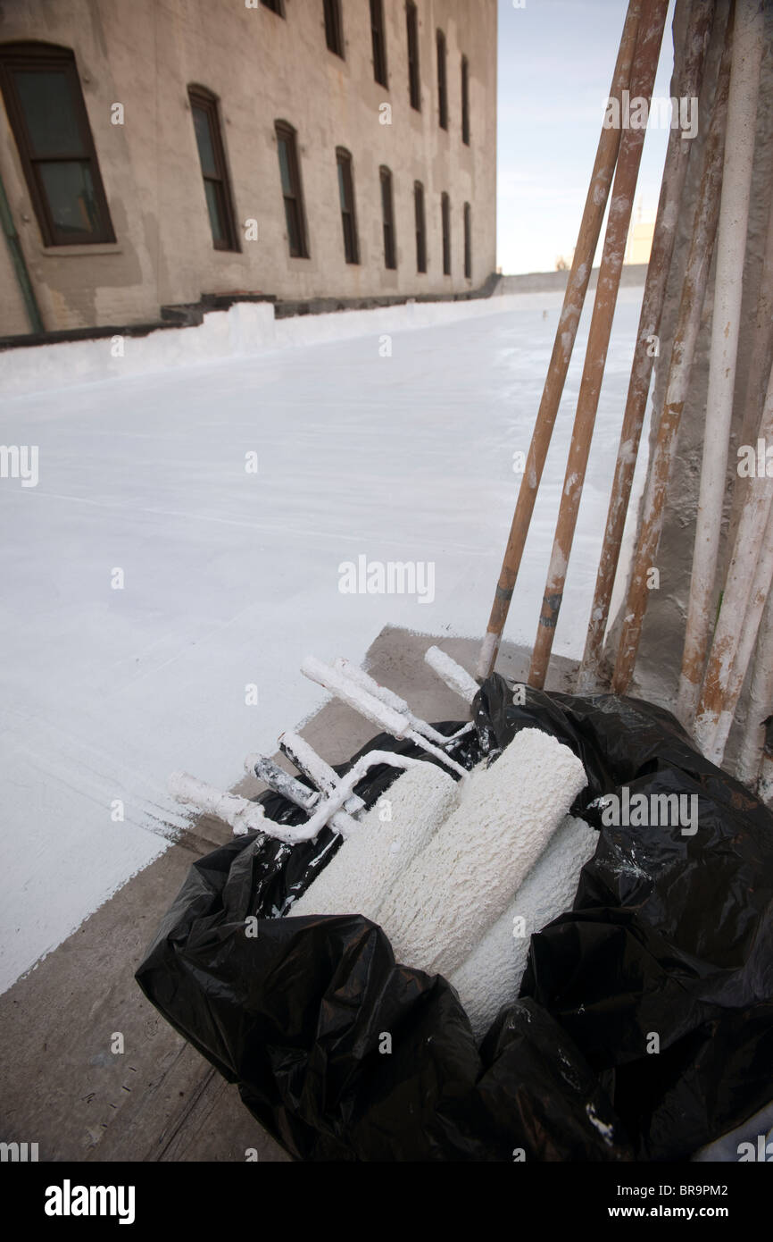 Volunteers paint the the roof of the Bowery Mission in New York with ...