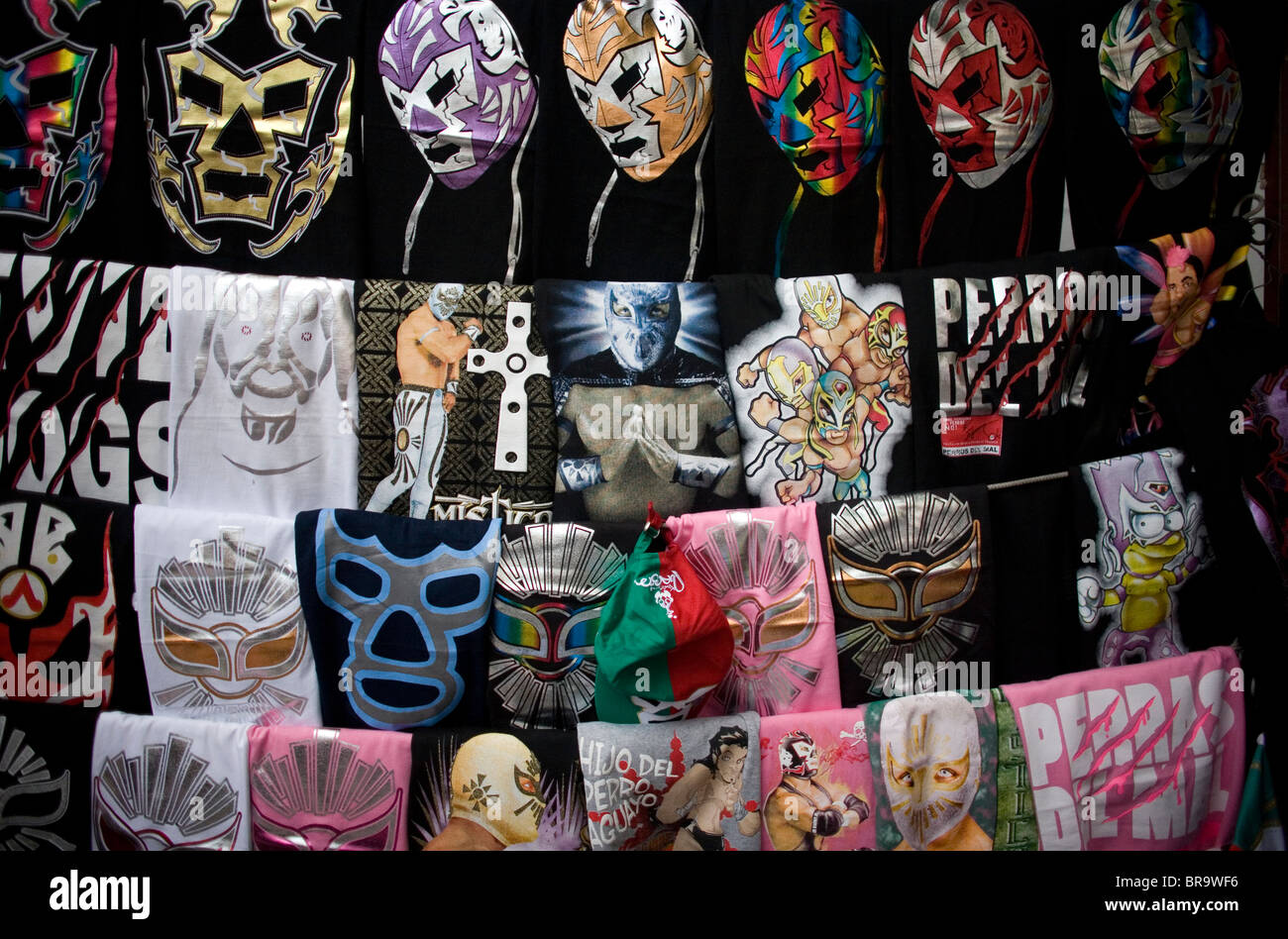Lucha Libre souvenirs are displayed at a vendors stand before a fight ...