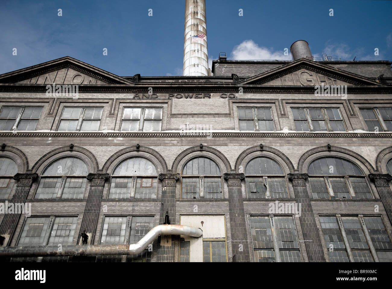 A heroic view of the Union Light and Power Company building on a cold ...