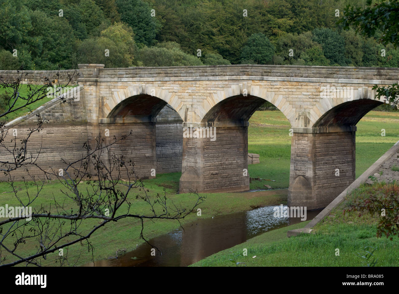 The bridge across the Lindley Wood Reservoir at a time of drought which ...