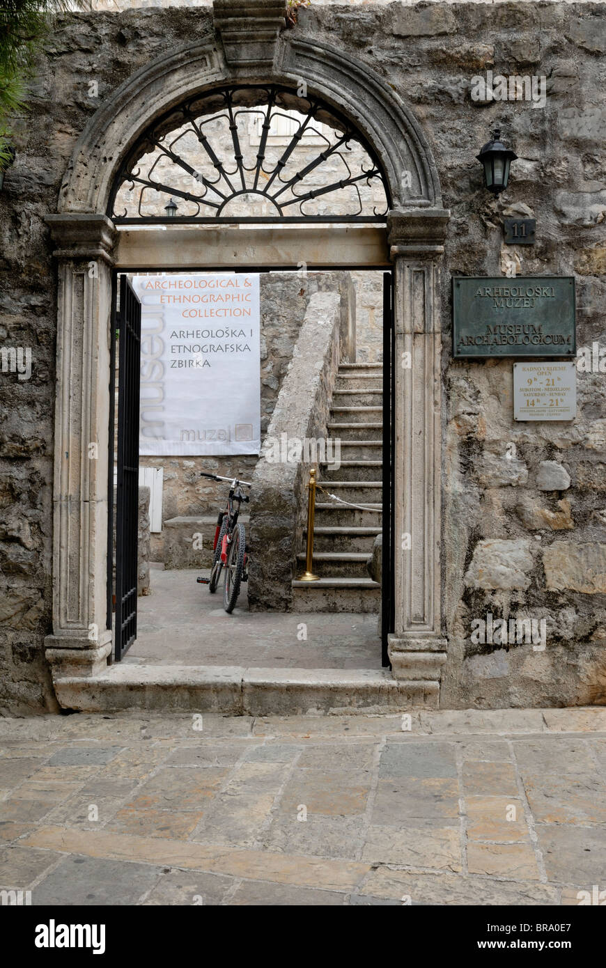 The entrance to the archaeological museum of the old town of Budva. The ...